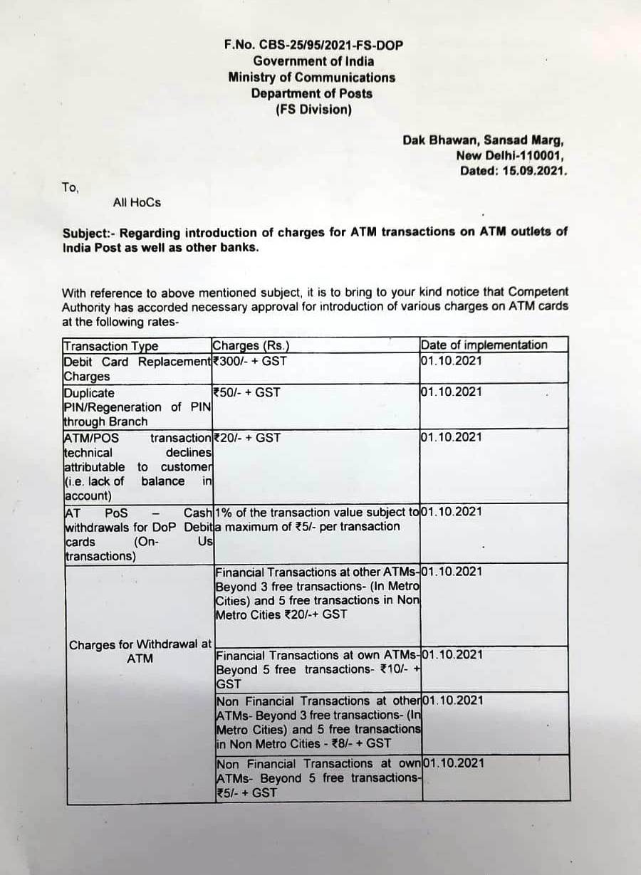 India Post ATM Related Charges W e f 01 10 2021 SA POST india-post-atm-related-charges-w-e-f-01-10-2021-sa-post