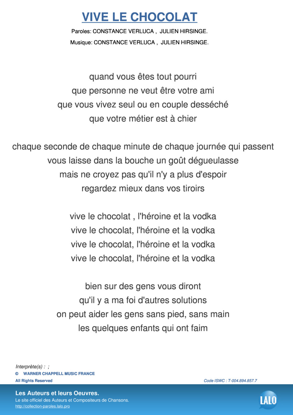 paroles chocolat - France news collections