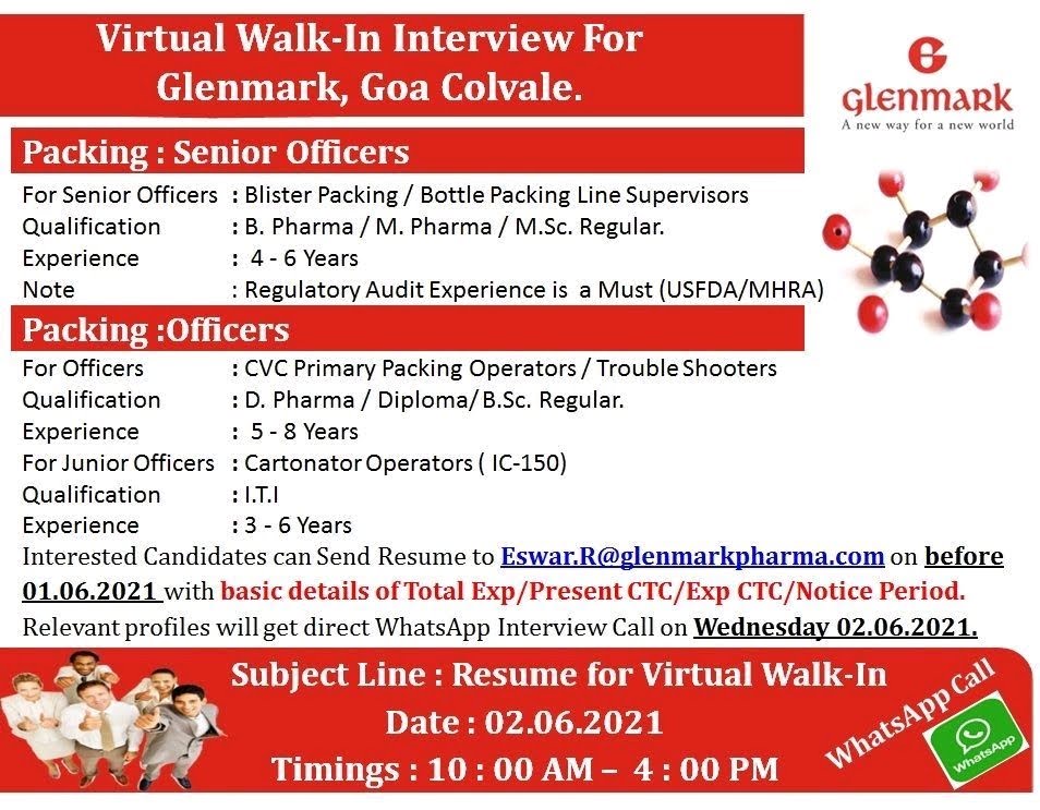 Glenmark Pharmaceutical Goa interview in 2021 june 2th for packing ...