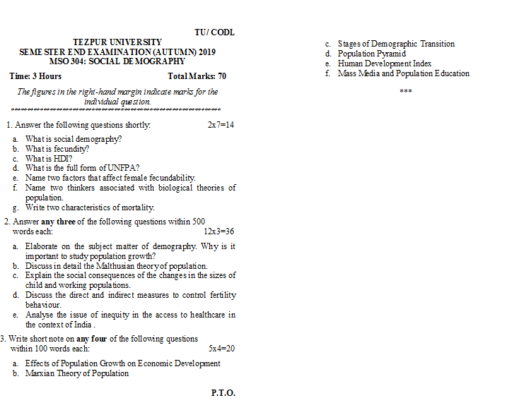 TEZPUR UNIVERSITY (TU/CODL) SEMESTER END MSO 304: SOCIAL DEMOGRAPHY ...