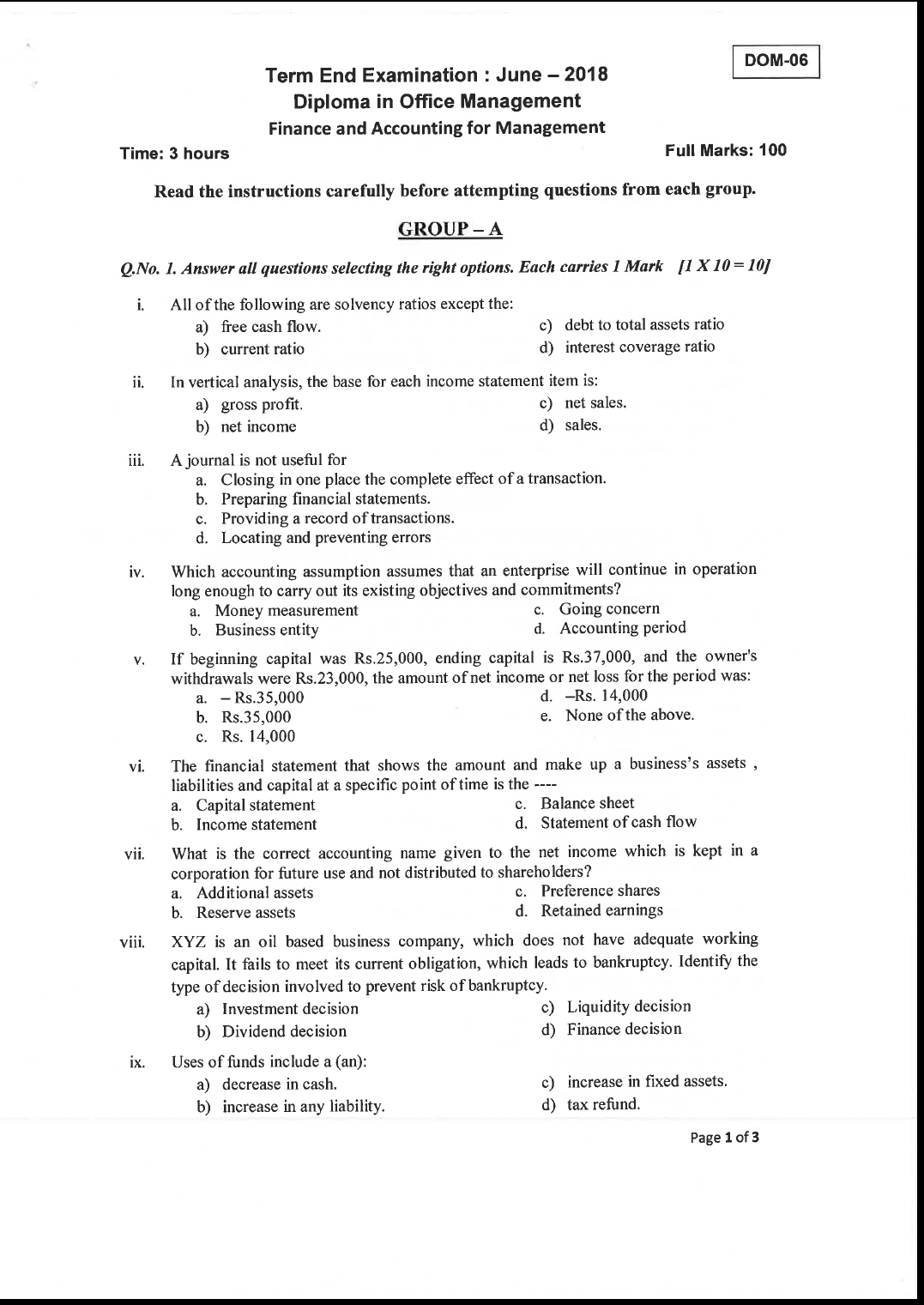 OSPU DOM finance and accounting for management June 2018 Question Paper ...