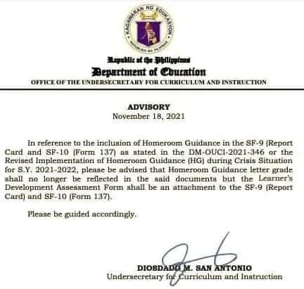 Homeroom Guidance Learner's Development Assessment Form - Kinder and ...