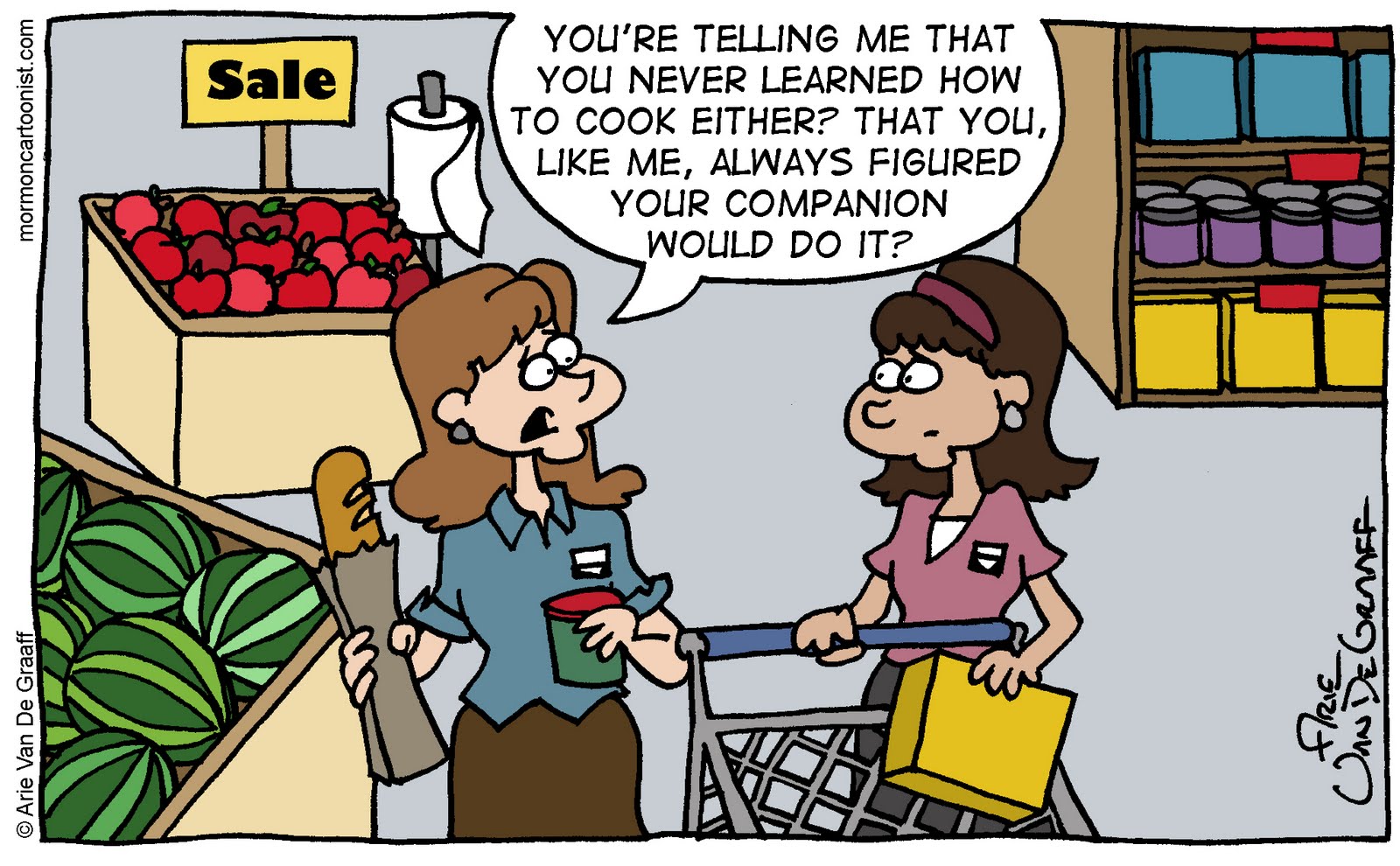 Ward Cartoonist: Sister Missionaries at the Grocery Store