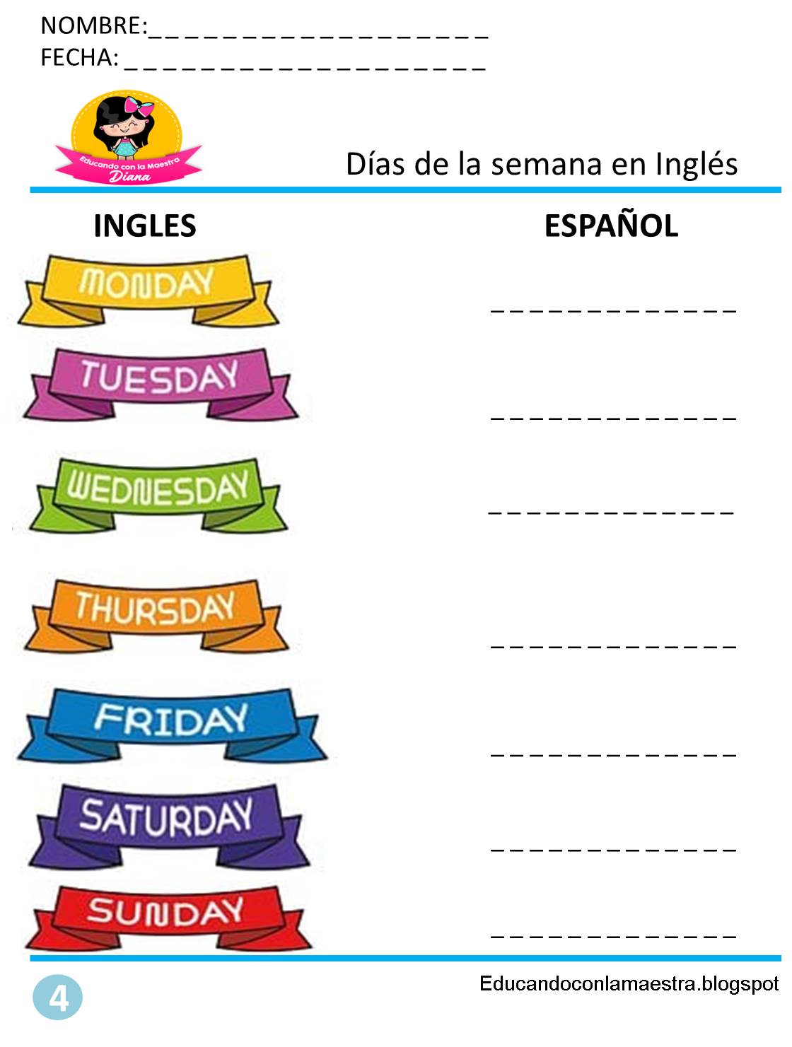 Educando con la Maestra: Dias de las semana y Meses en Ingles/ fichas ...