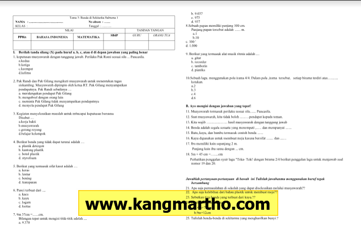 Soal UAS/PAS Kelas 3 Tema 3 SD K13 Semester 1