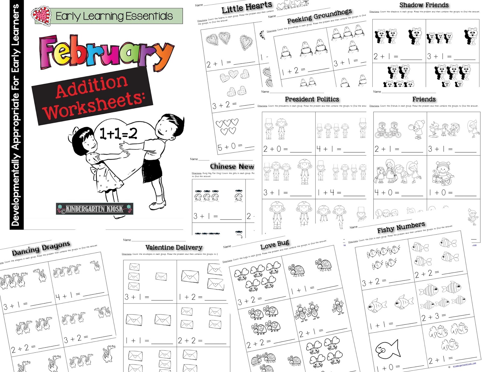 Kindergarten Kiosk: Addition Worksheets: February