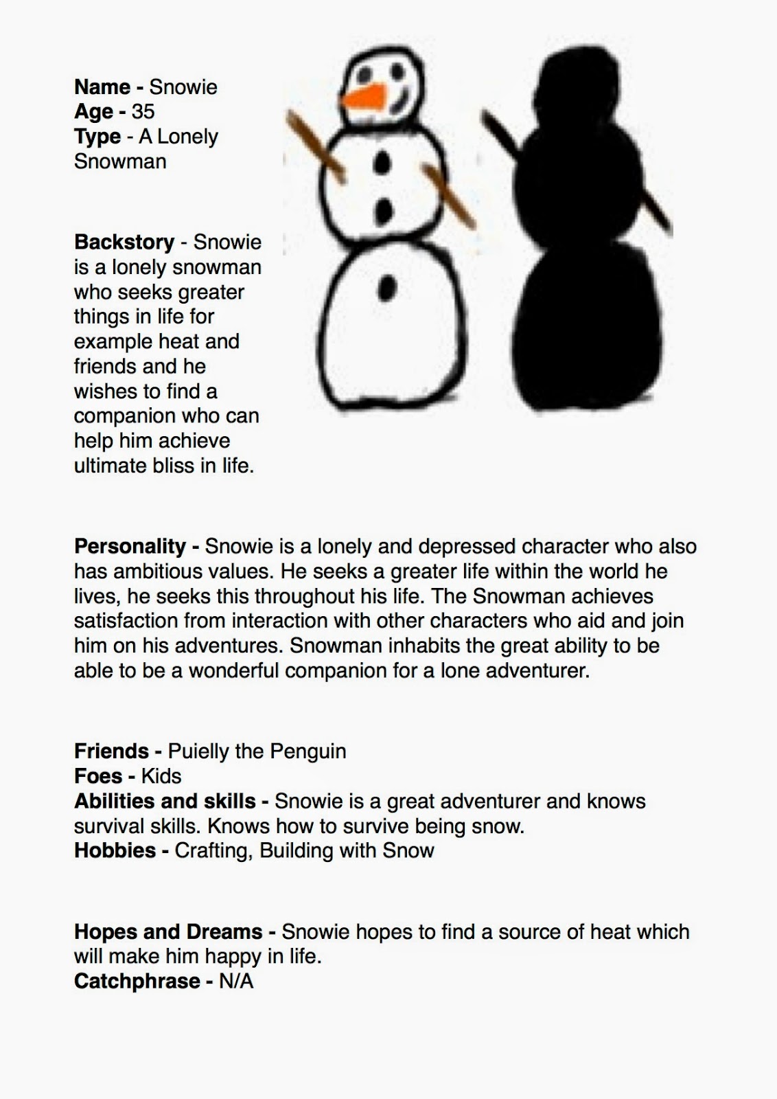 Tom A's Animation Level 3 Blog [PROJECT 2 & 3]: Snowie | Character Profile