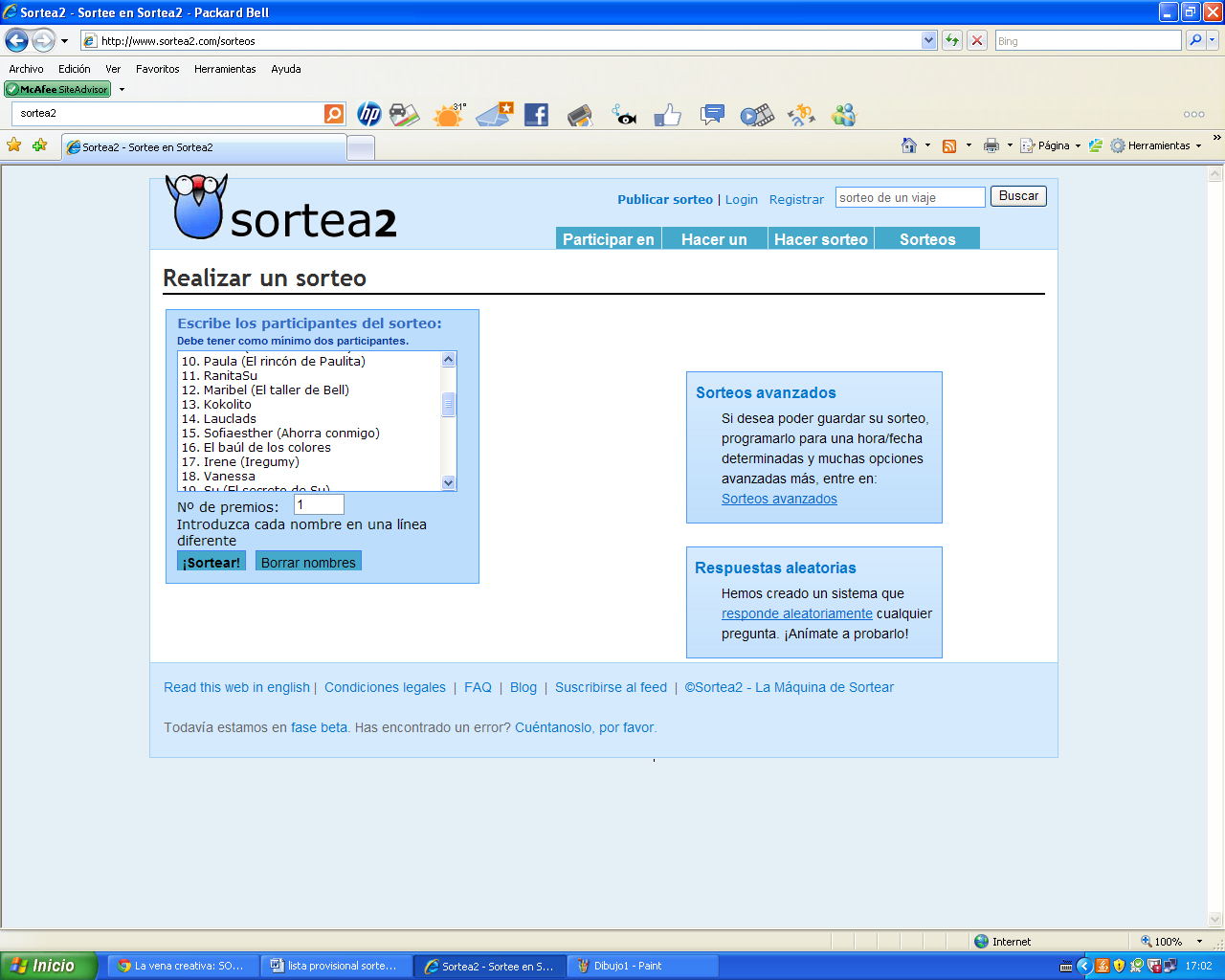 La vena creativa: Lista definitiva del sorteo y RESULTADO!!!!