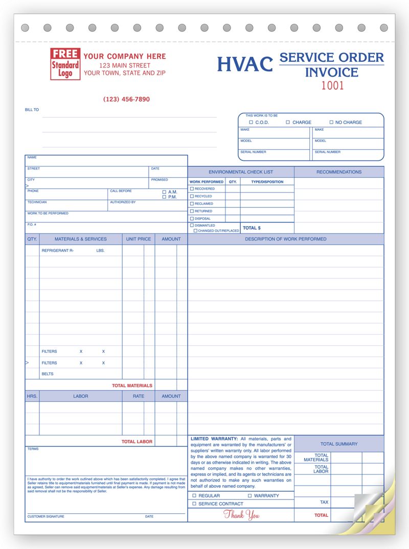 Hvac Service Order Forms - Invoice Template
