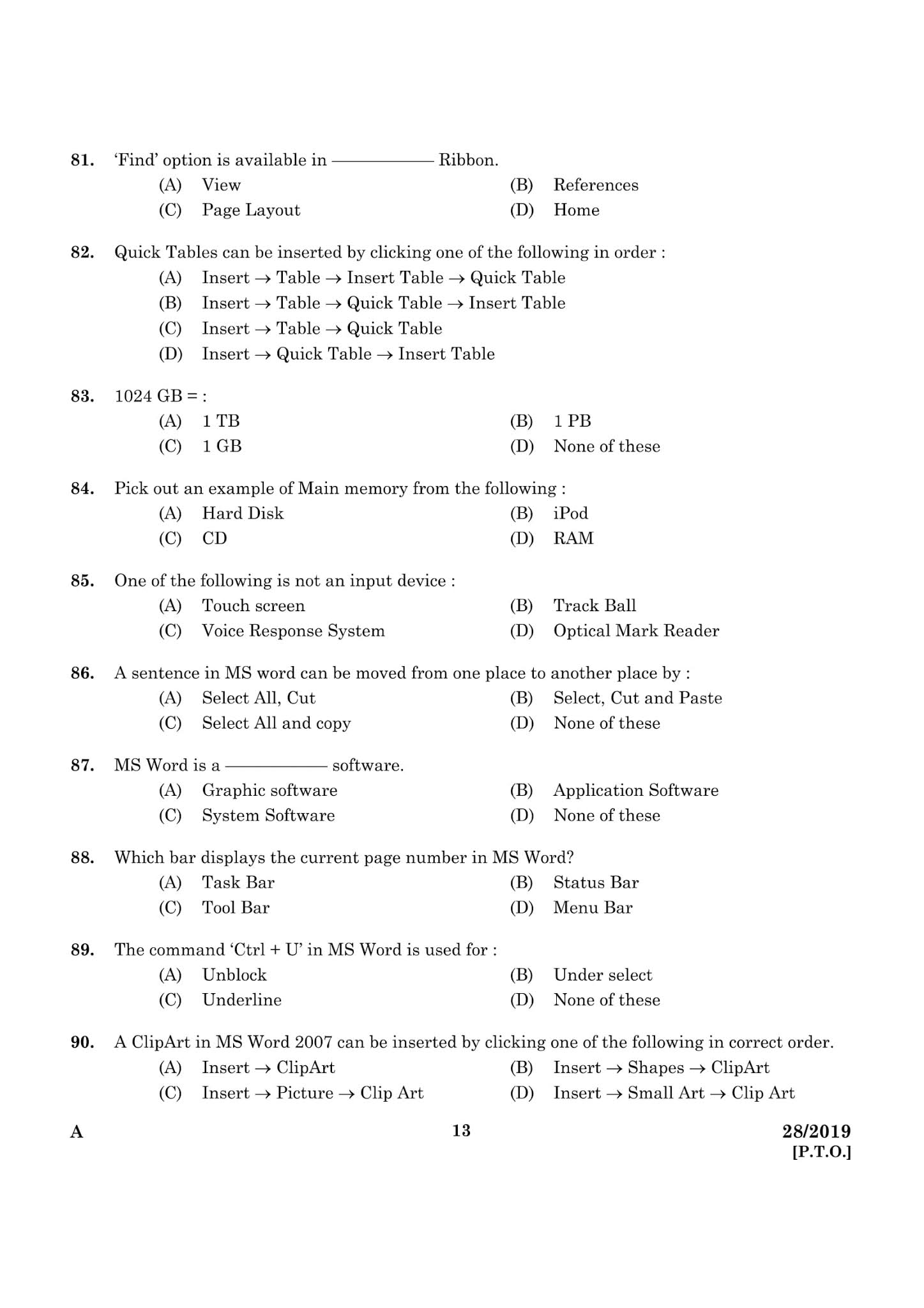 LD Typist 2019 : Question Paper & Kerala PSC Official Final Answer Key