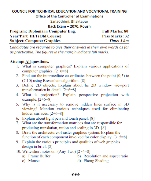 CTEVT DCE III Year Computer Graphics Back Exam 2070 Question Paper (Old ...