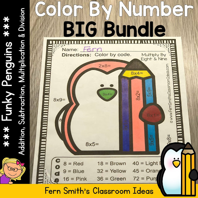 WINTER COLOR BY NUMBER FUNKY PENGUINS ADDITION, SUBTRACTION ...