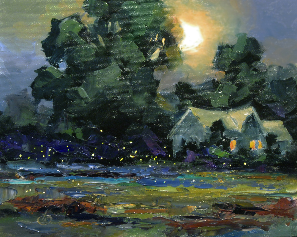TOM BROWN FINE ART: FIREFLIES, MOONLIGHT, NIGHT SCENE, 8x10-inch ...