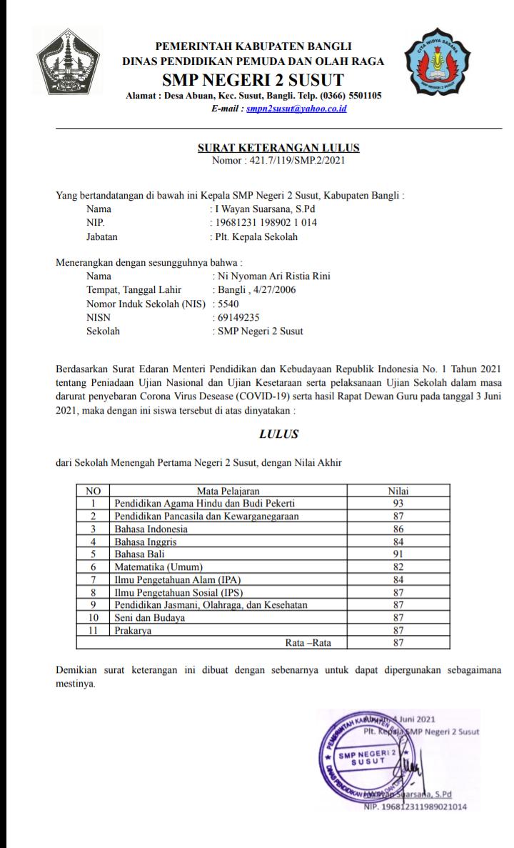 SKL dan SKRR bisa dengan mudah di dapat - SMPN 2 SUSUT
