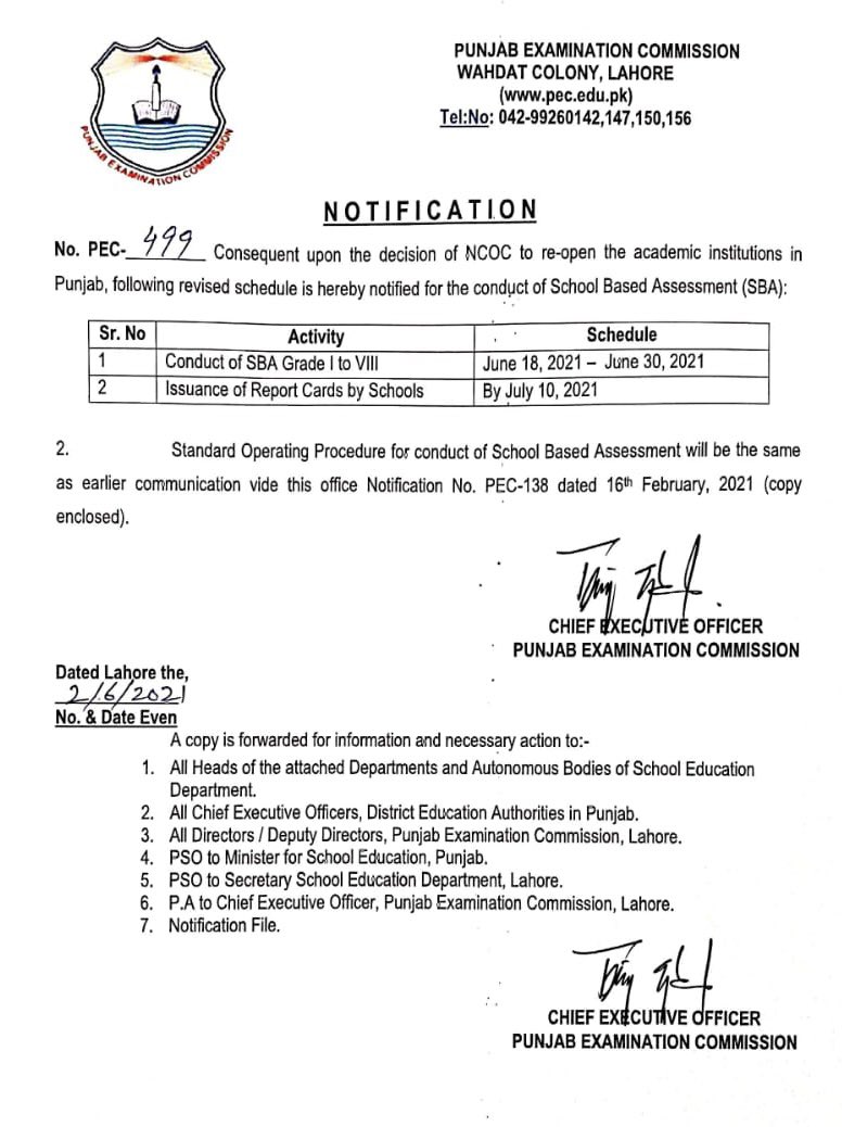 Download All Papers SBA PEC Examination Grade 1 to 8 - PEC Examination 2021