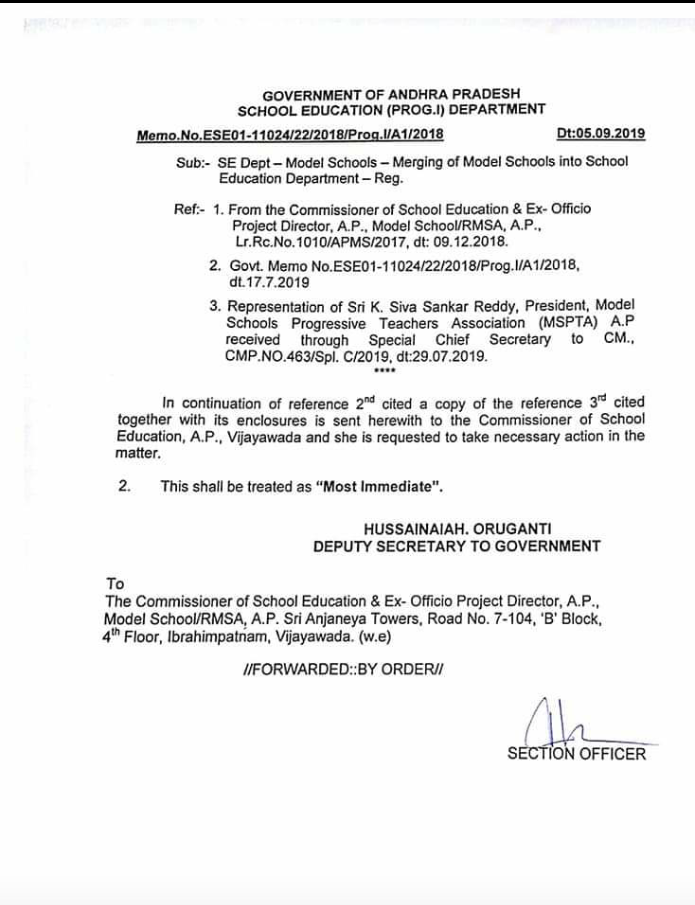 Model Schools Merging of Model Schools into School Education Department ...