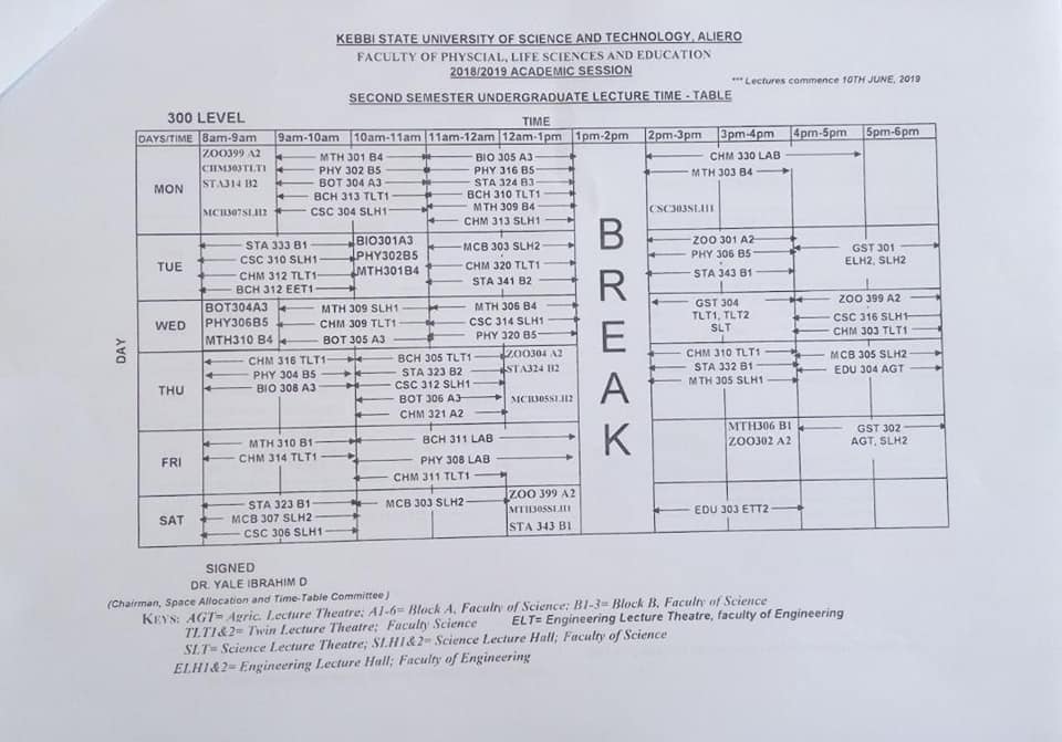 KSUSTA Lecture Time-Table 2nd Semester 2018/2019 | Undergraduate