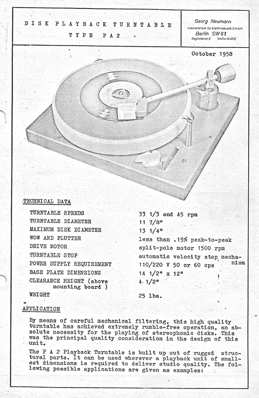 Neumann 1958 PA2 turntable – M & S | Ultimate High-Fidelity