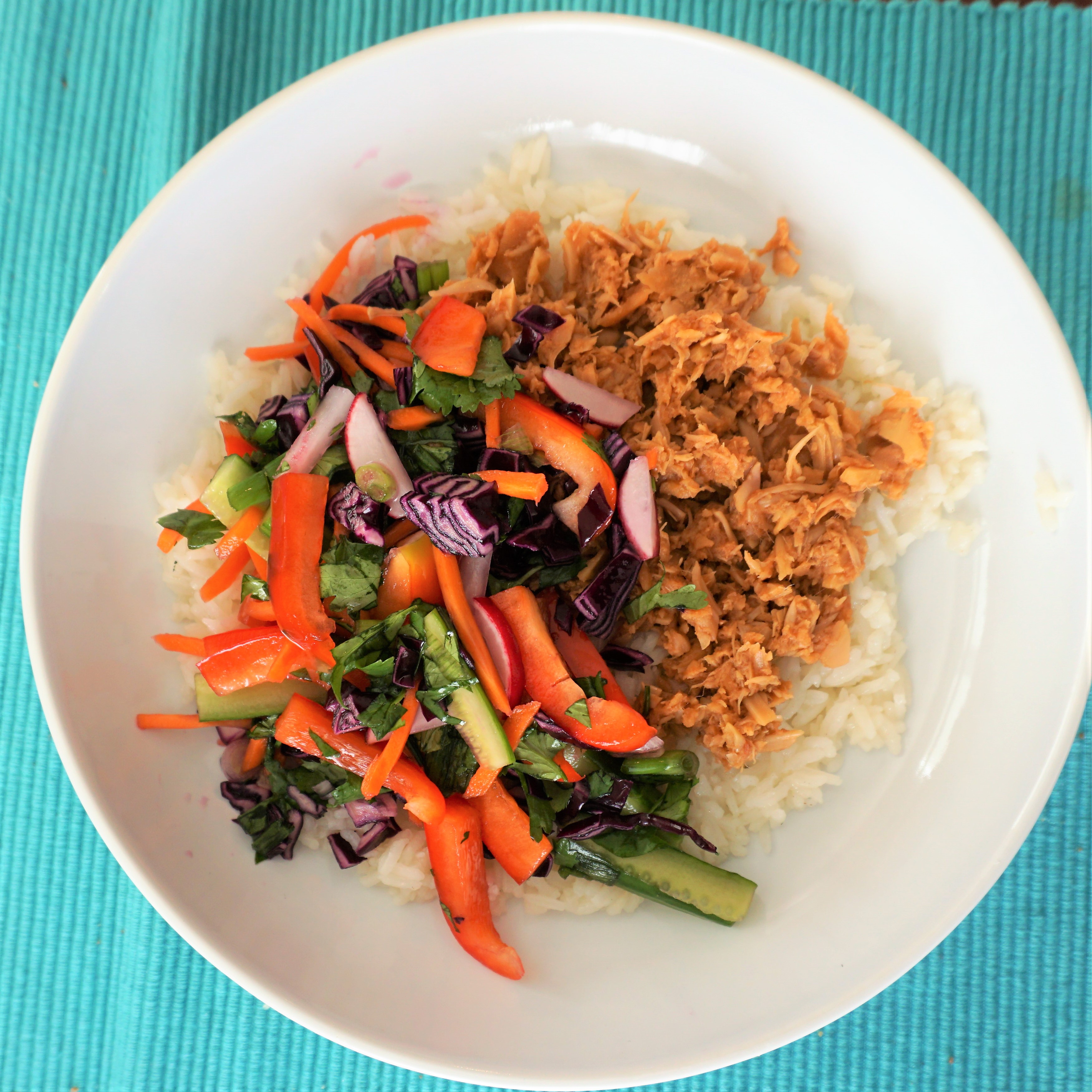 Pulled Jackfruit Rice Bowl with Shredded Veggie Salad
