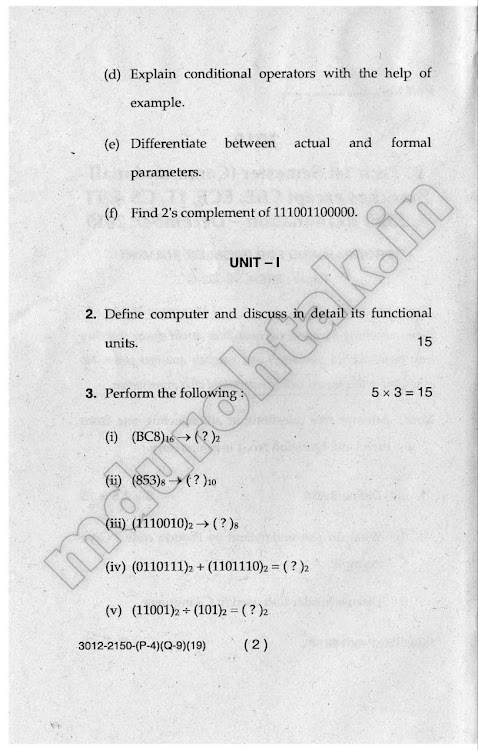 Programming for Problem Solving - Question Paper - B.Tech. 1st Year - December 2019