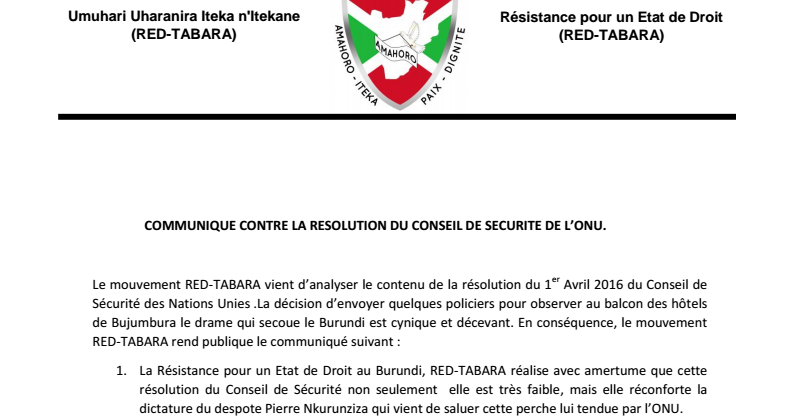 Burundi - Agence BUJUMBURA News: Communiqué du RED-TABARA contre la ...