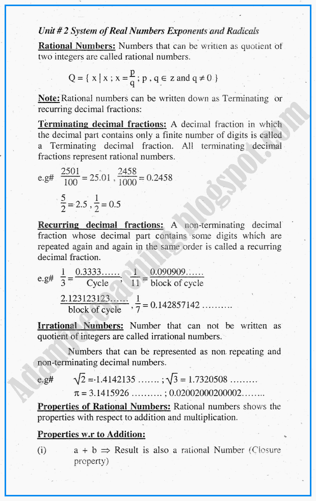 Adamjee Coaching: System of Real Numbers, Exponents and Radicals ...