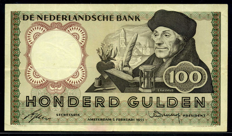Dutch guilder banknotes 100 Gulden note of 1953 Desiderius Erasmus ...