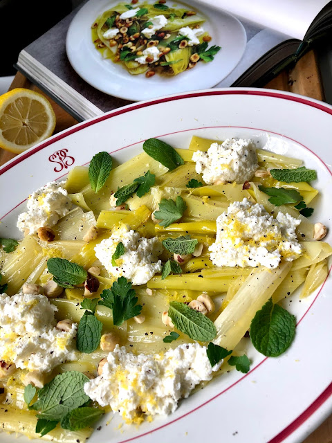 Olive Oil Poached Leeks w/ Ricotta, Lemon & Hazelnuts