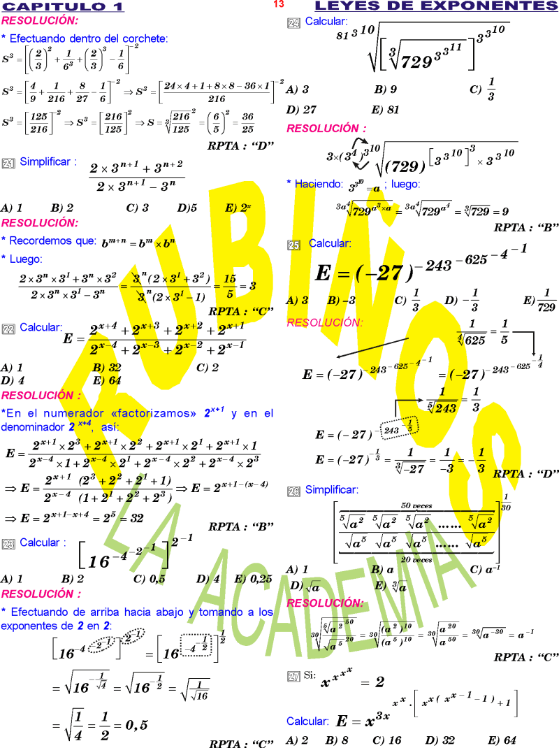 LEYES DE EXPONENTES Y RAICES EJERCICIOS RESUELTOS PASO A PASO PDF