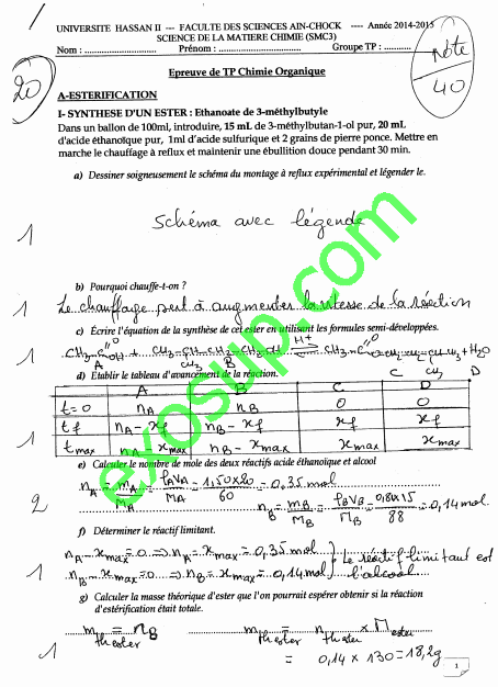 contrôles corrigés chimie expérimentale TP chimie organique smc s3 fsac - ExoSup