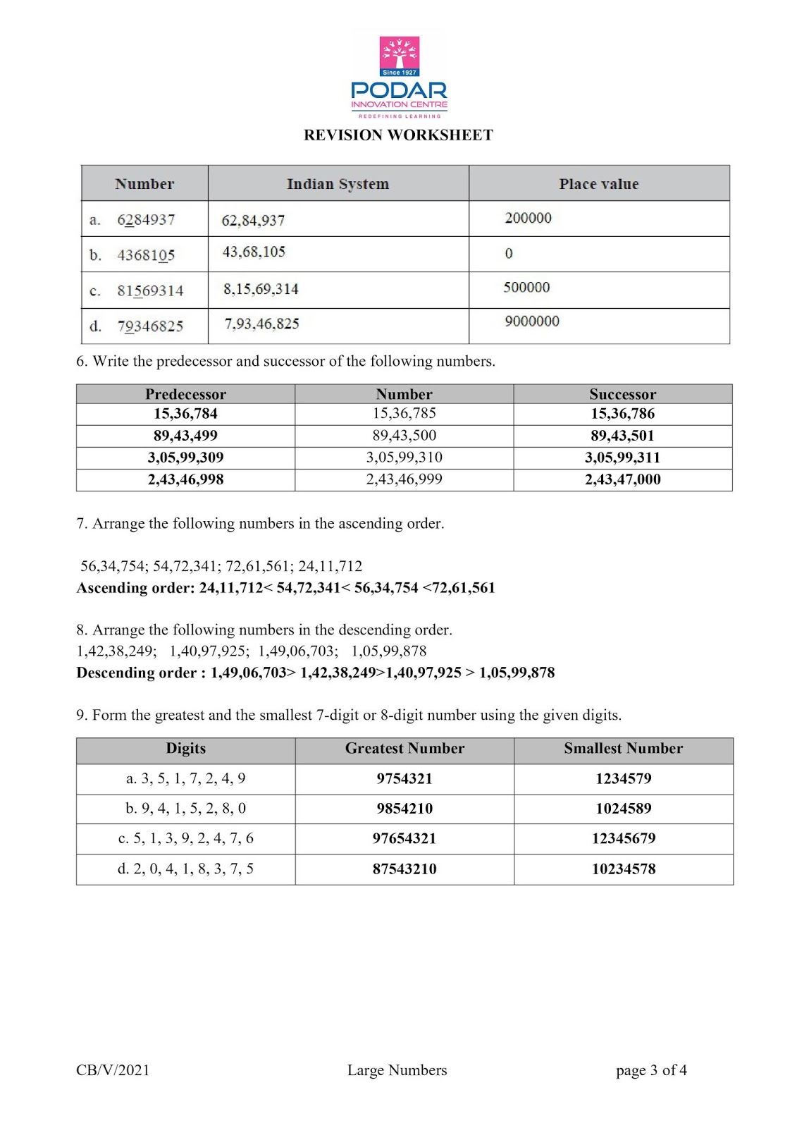 Math Ch-1 Large Numbers(workbook exercise and worksheets)