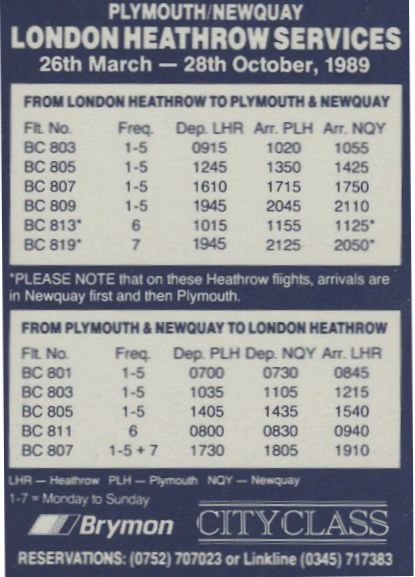Airline memorabilia: Brymon Airways (1989), Londres - Exeter / Plymouth