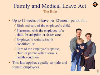 Man Woman and Newborn with Rules of FMLA in Background