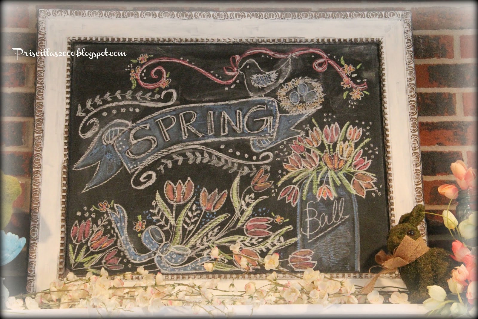 Priscillas: Spring Chalkboard on The Spring Mantel