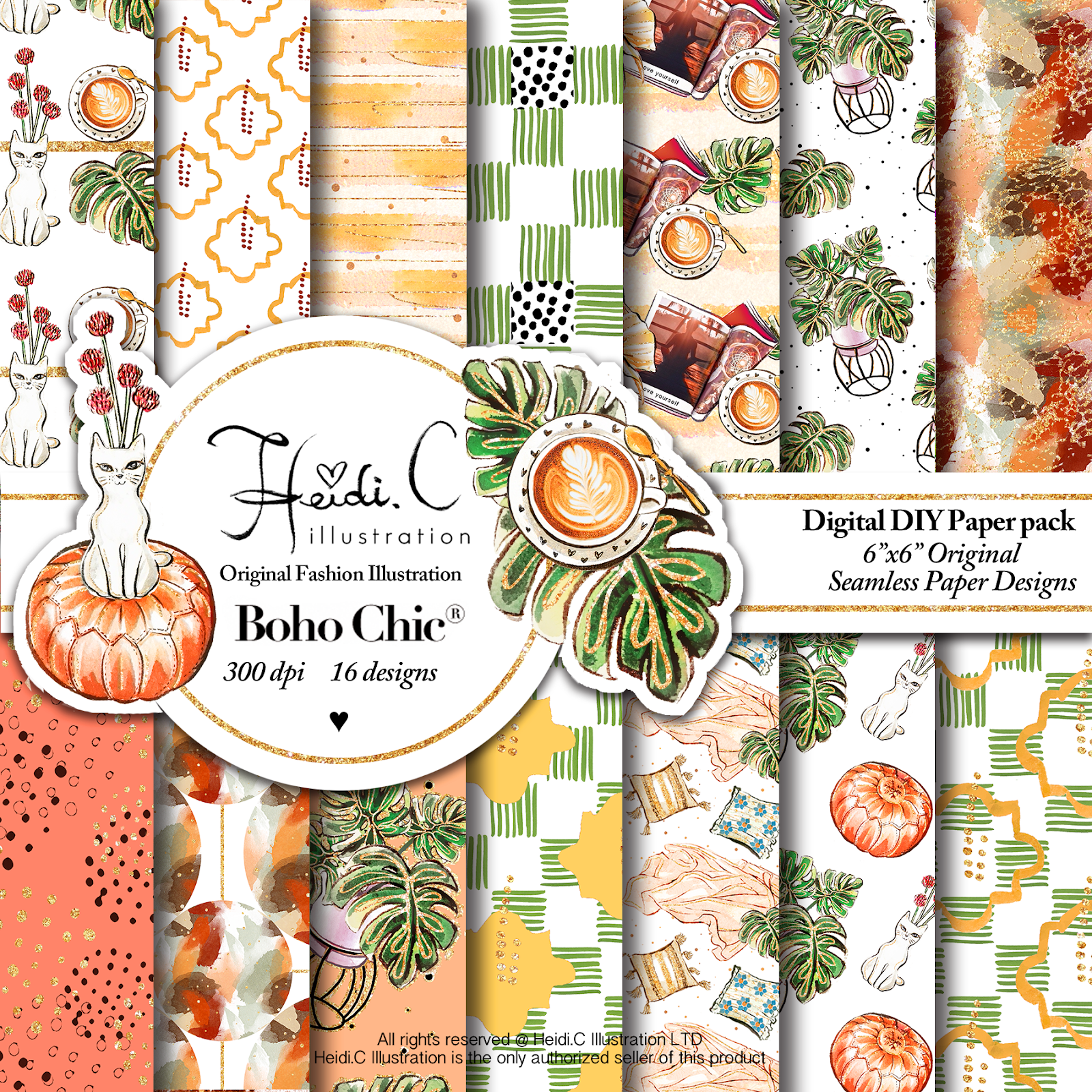 Boho Chic - Printable Digital Paper Pack - HeidiCIllustration