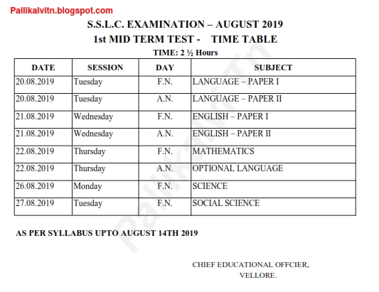 10,11,12th - August 2019 - 1st Mid-Term Test Time Table - Pallikalvi ...