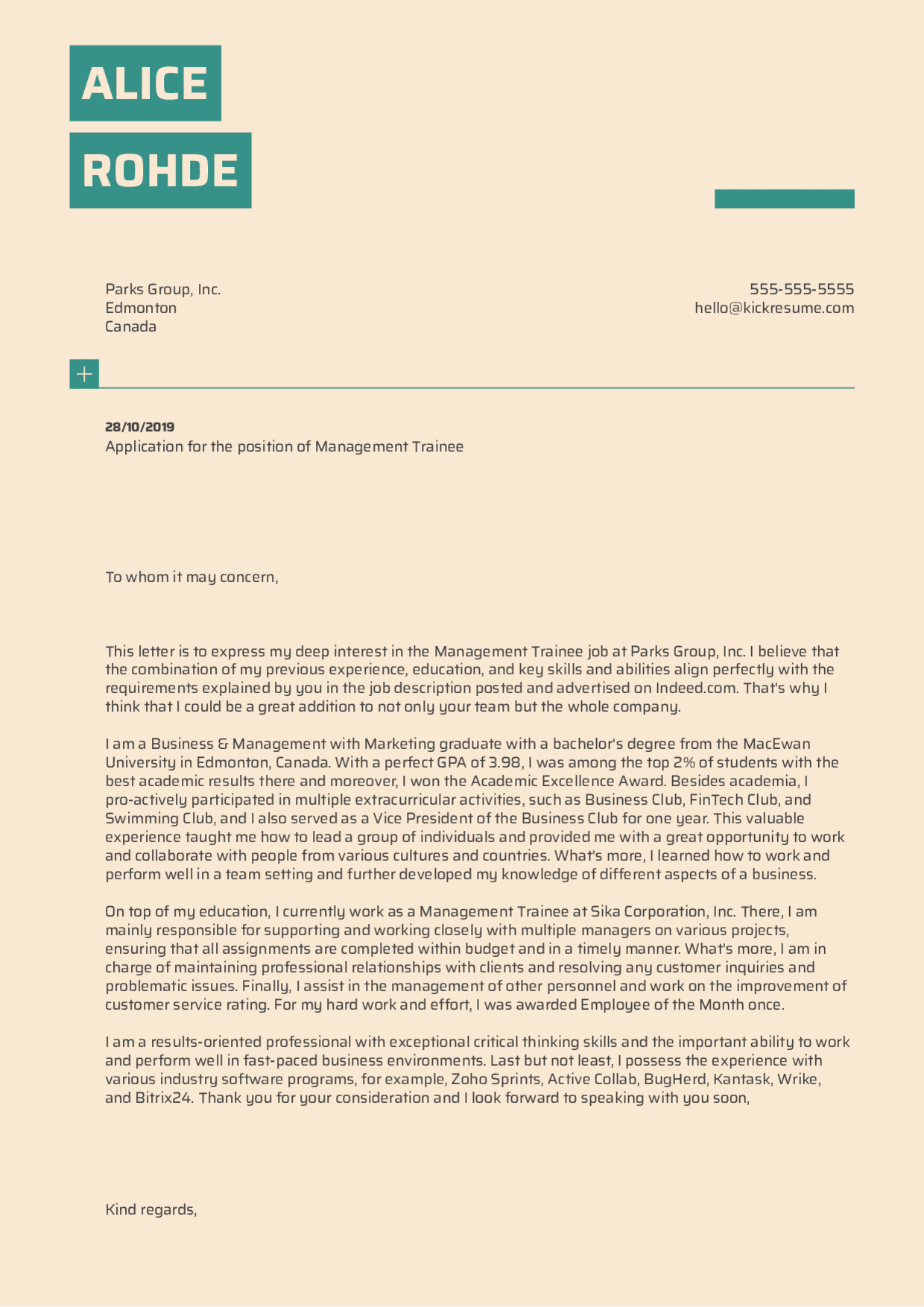 Business Management Trainee Cover Letter ~ Resume Letter