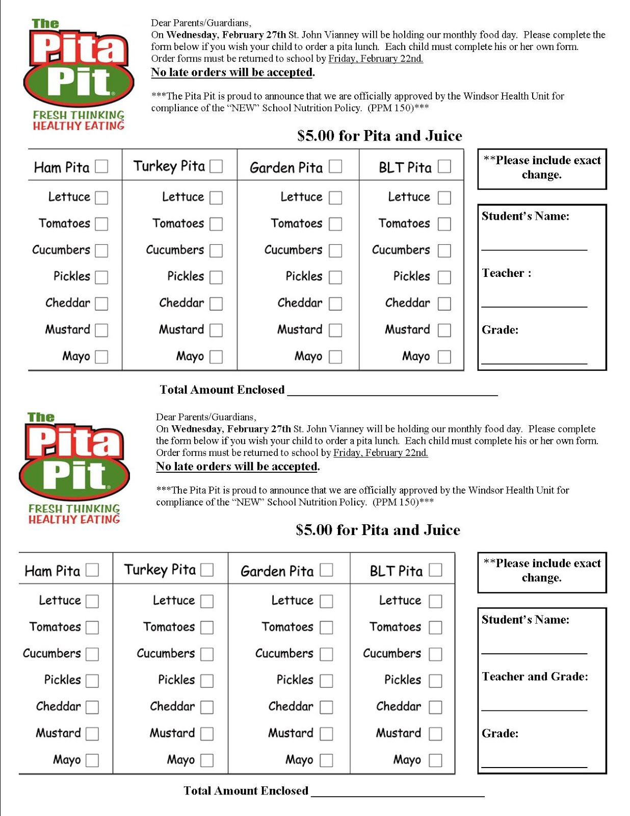 St. John Vianney Catholic Elementary School News and Events: Pita Pit Lunch