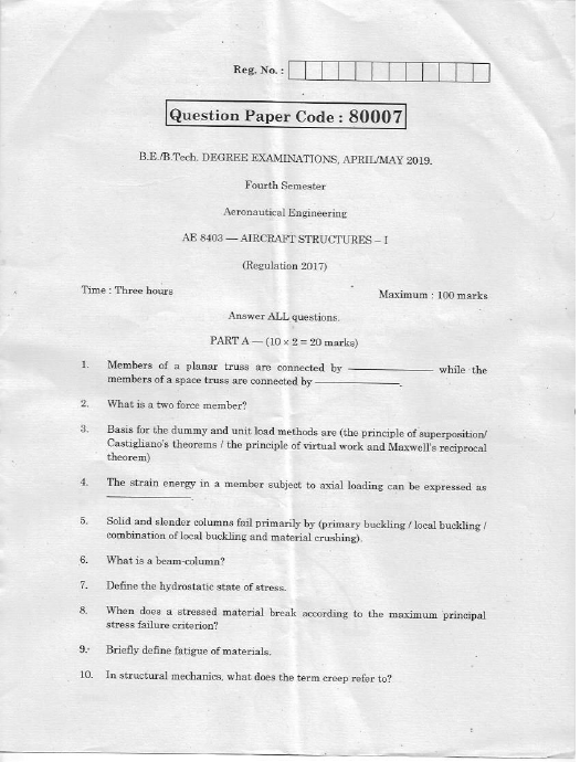 Anna University AE 8403 Aircraft Structures-I April/May 2019 Question ...