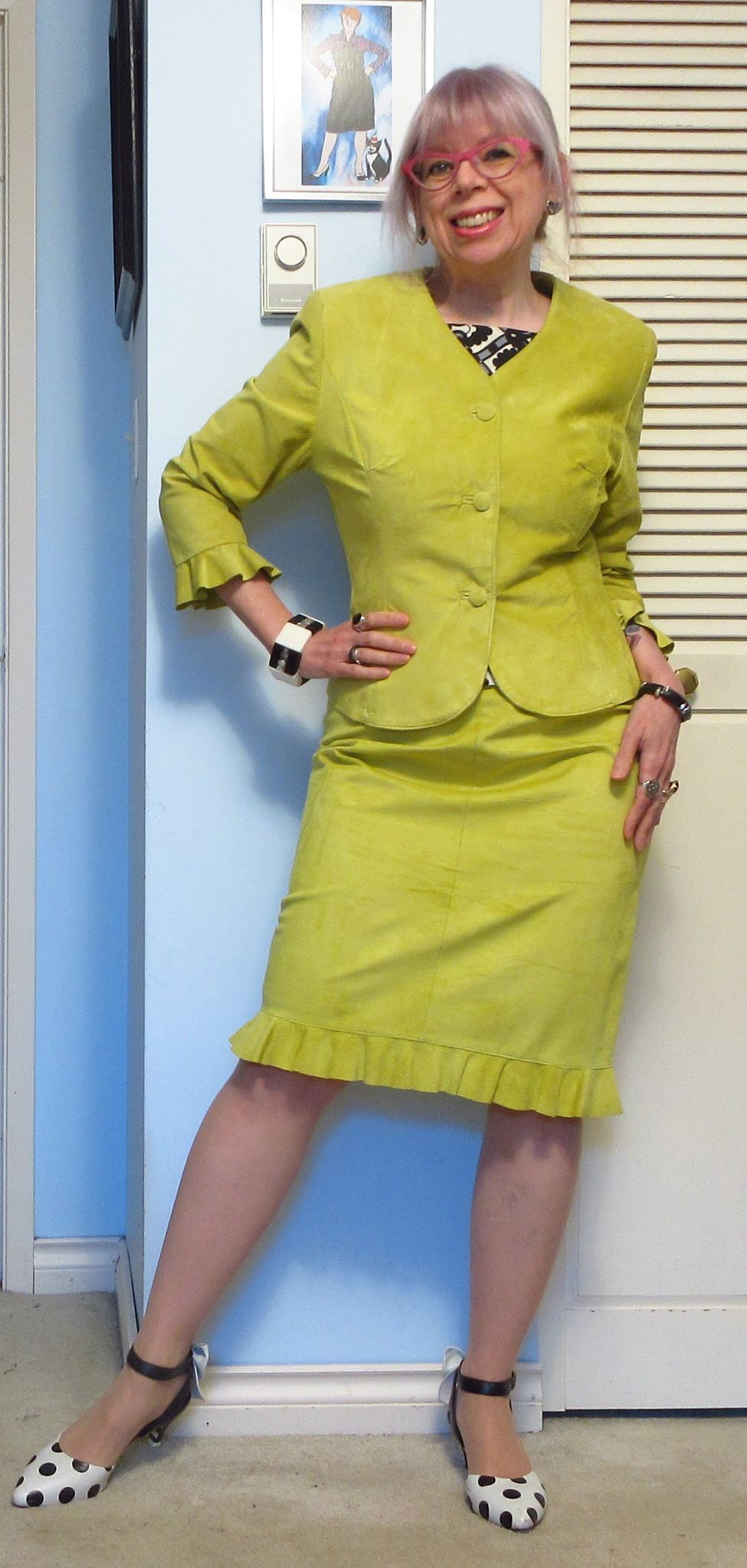 Ephemera: Fancy Friday: Celadon Suit, Ruffles and a Dotted Shoe Flashback