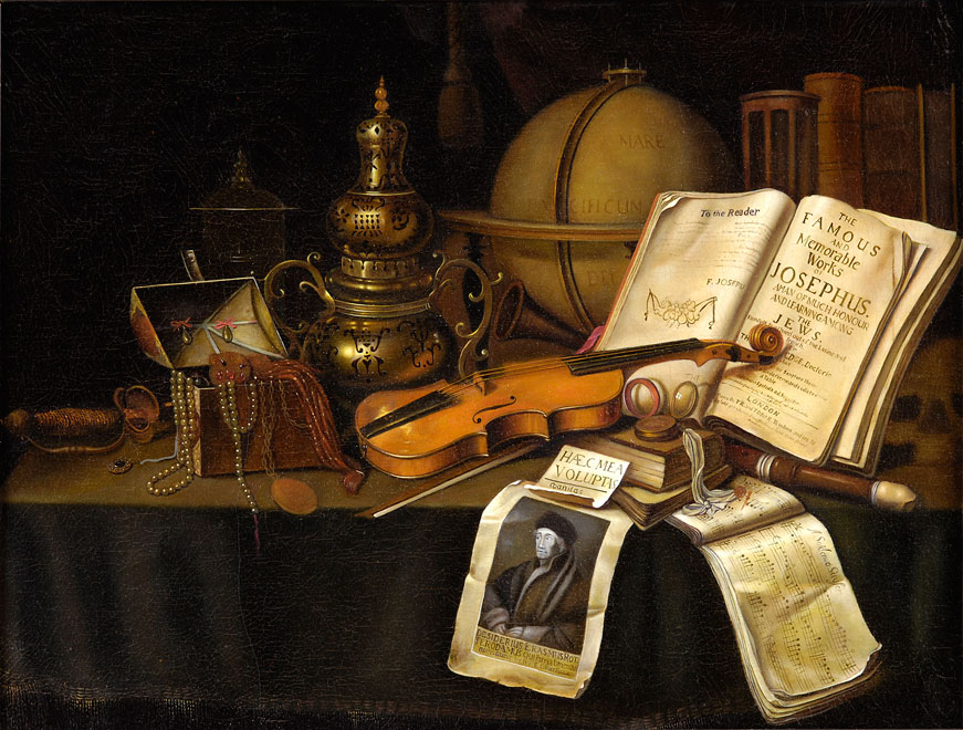 Evert Collier (1640-1708 Still life with jewels, violin, globe, book ...
