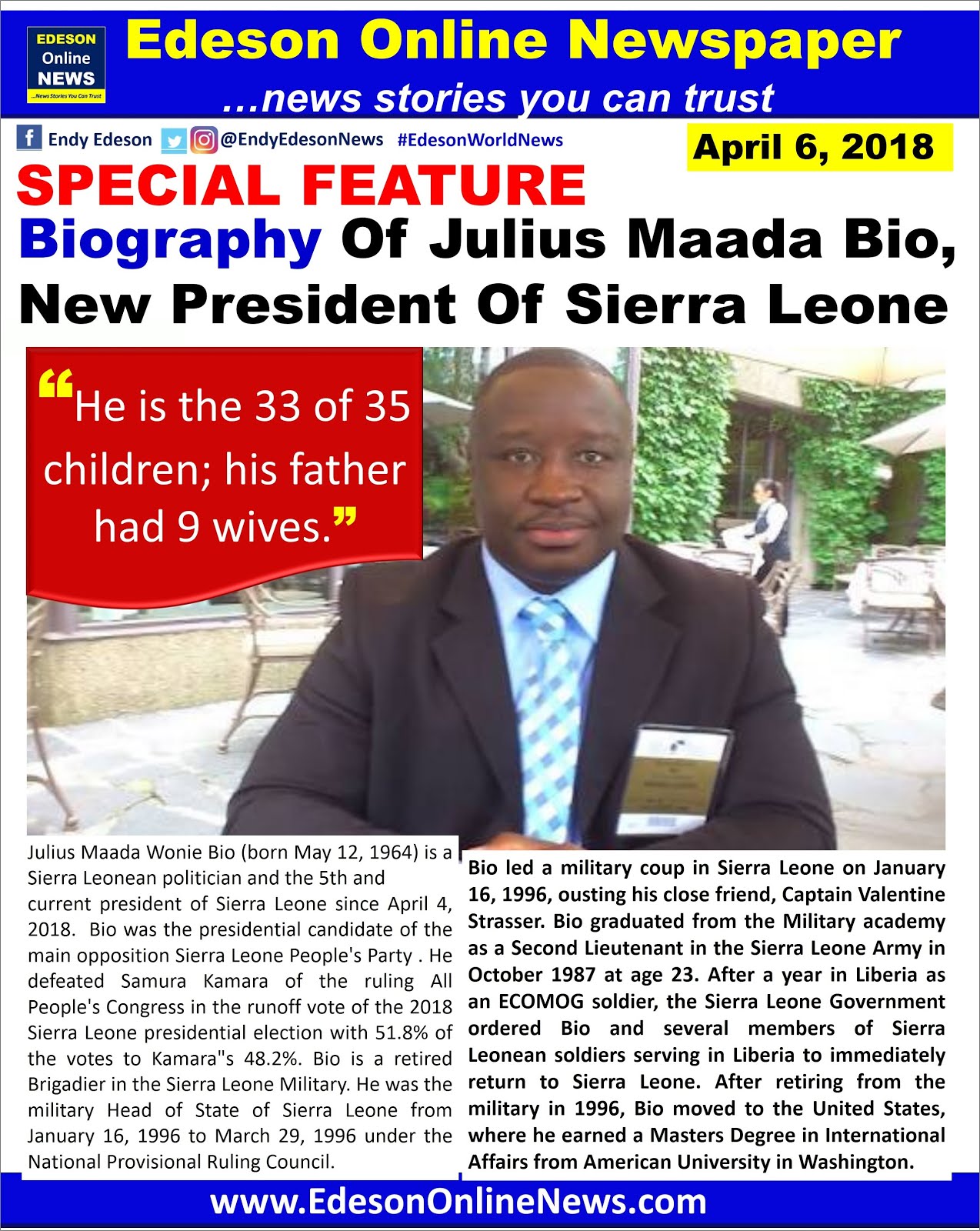 Edeson Online News: Biography Of Julius Maada Bio, New President Of ...
