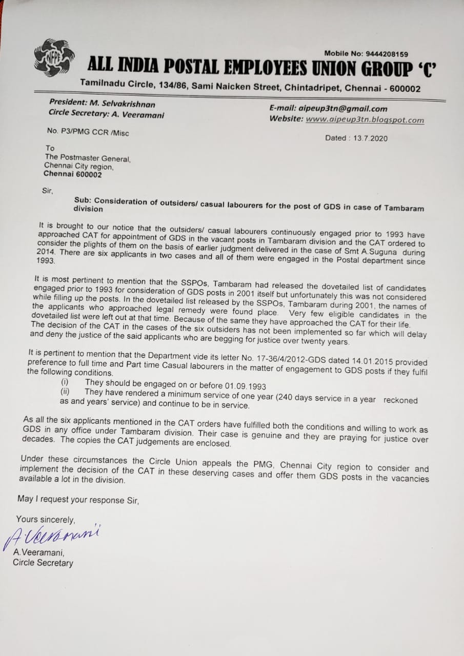 ALL INDIA POSTAL EMPLOYEES UNION GROUP C, TN CIRCLE, CHENNAI 600 002 ...