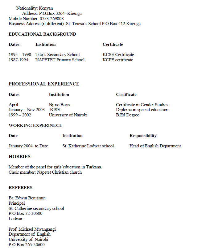 Curriculum Vitae Kenya Format - Birthday Letter