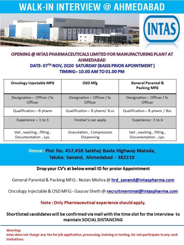 Intas Pharmaceuticals Ltd - Walk-In Interviews for Multiple Positions ...