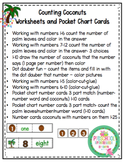 Math Counting Coconuts Worksheets plus Pocket Chart Cards ~ Preschool ...