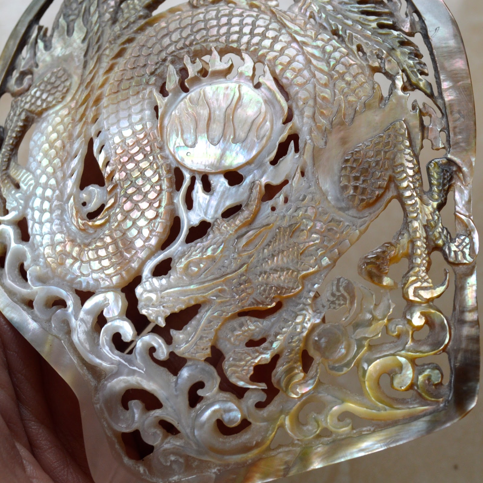 Carved Asian Dragon Statue 5" Mother of Pearl Seashell Carving