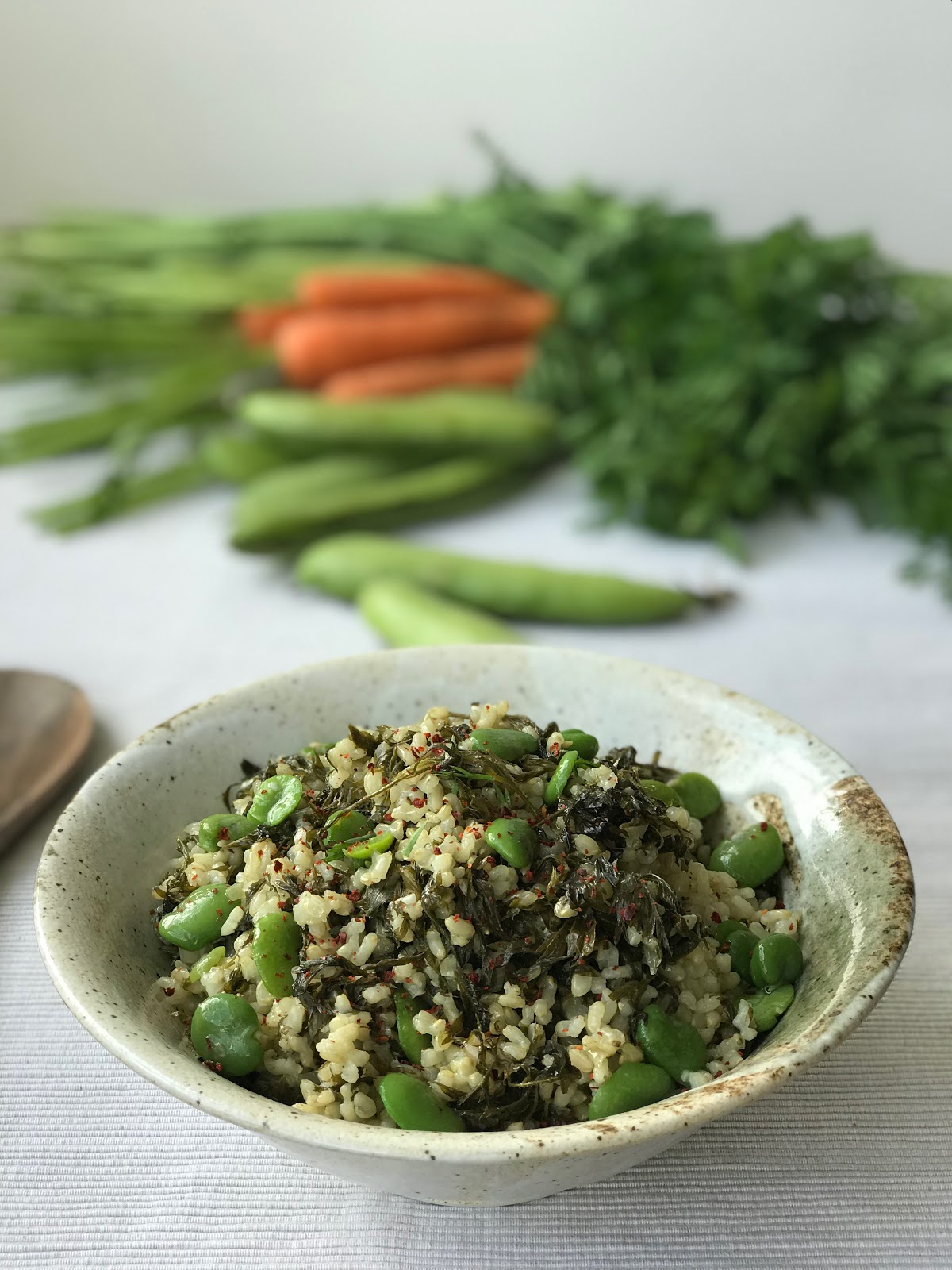 Short Grain Brown Rice with Carrot Leaves | Margot's Kitchen