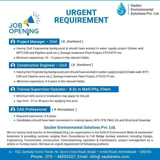 Urgent Requirement for Project Manager / Construction Engineer / Trainee / Supervisor / Operator ...