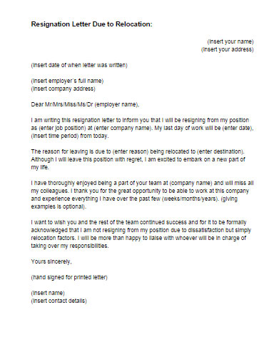 Resignation Letter Due To Relocation - Formal Letters